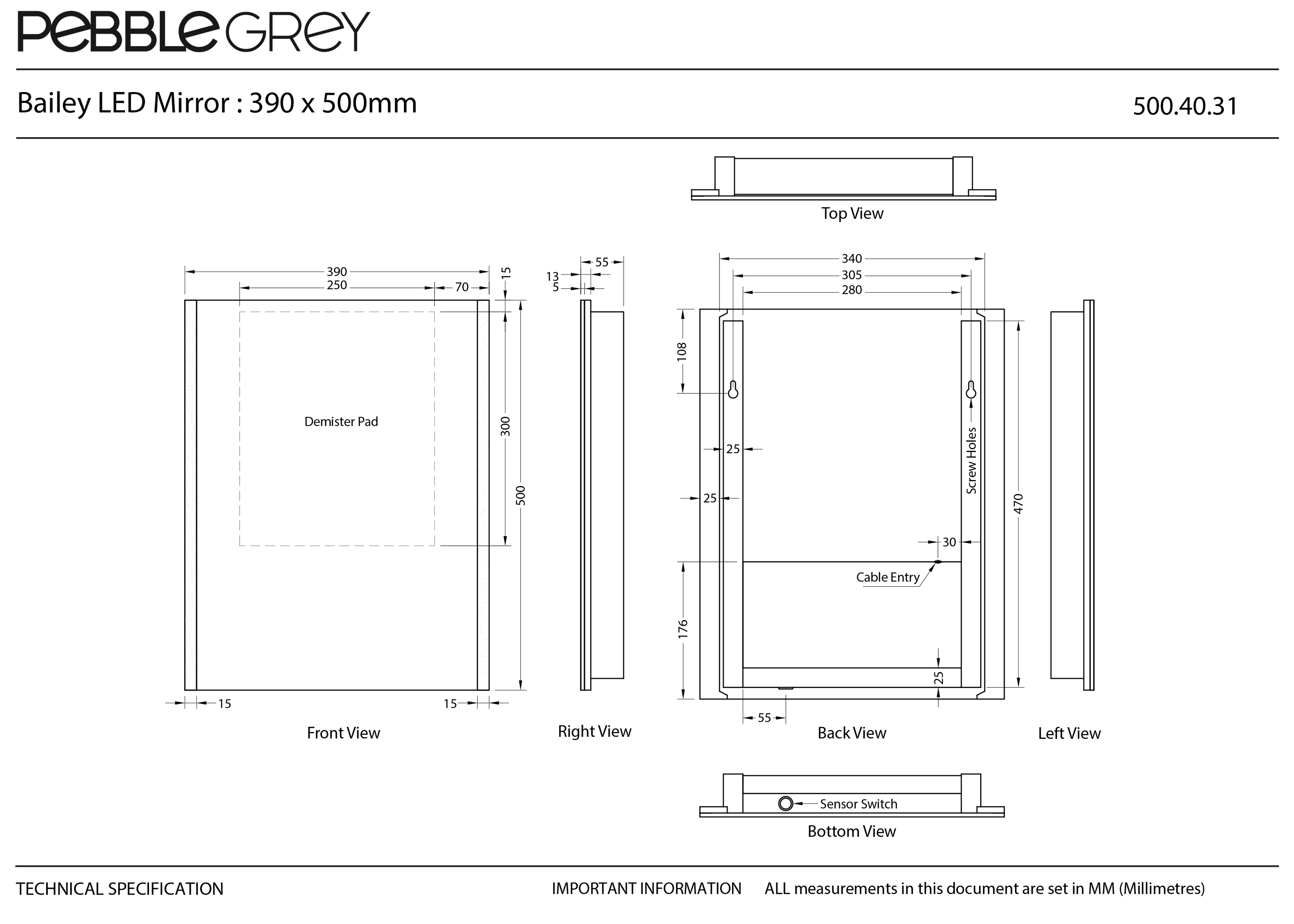 Bailey LED Bathroom Mirror - Pebble Grey