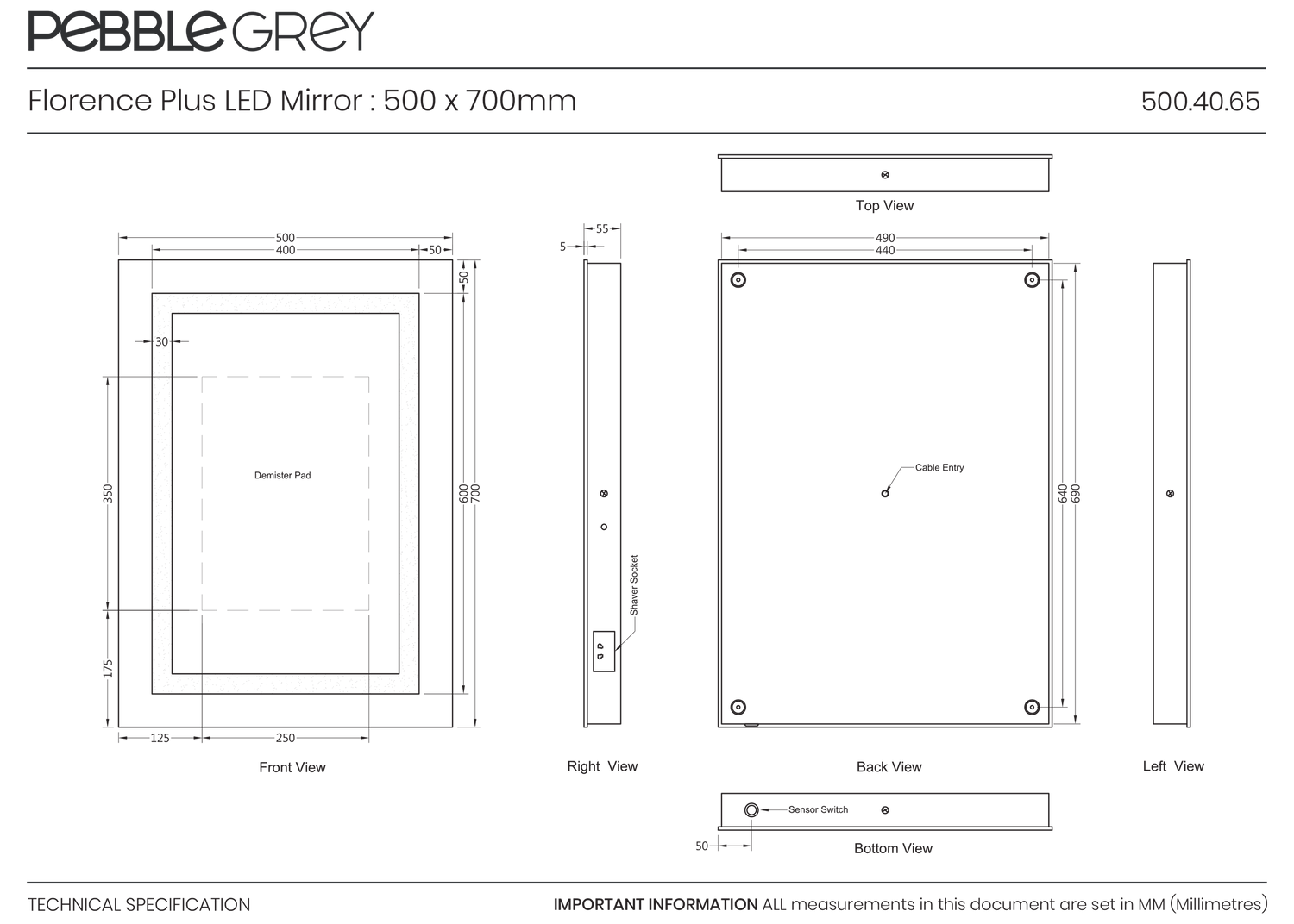 Florence Plus LED Bathroom Mirror - Pebble Grey