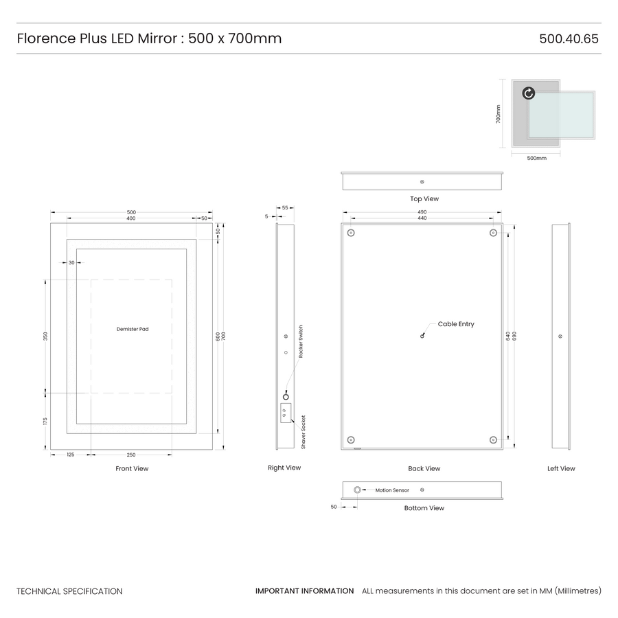 Florence Plus Frameless LED Bathroom Mirror with Demister Pad - Pebble Grey